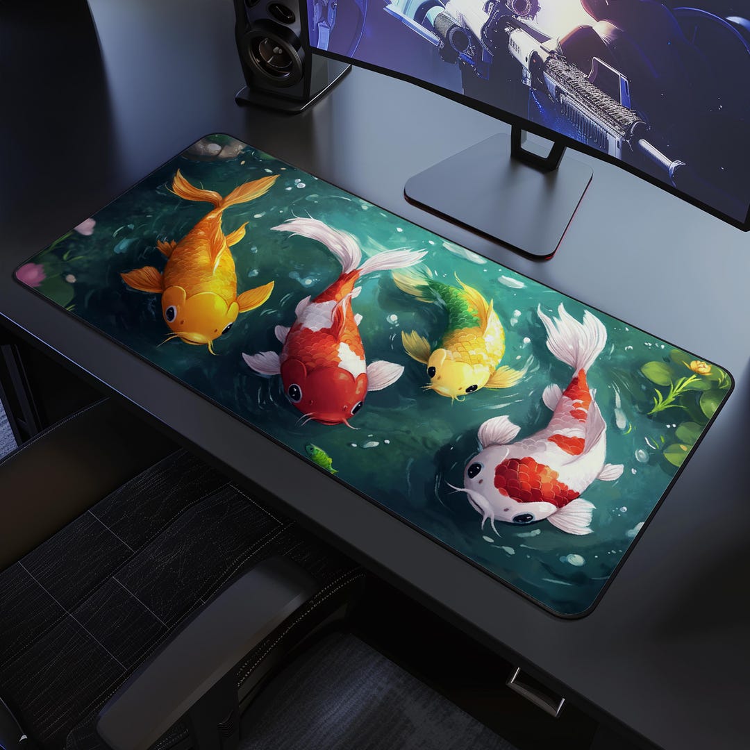 Koi Fish Desk Mat, Japanese Style Office Decor, Large Mouse Pad Gaming ...