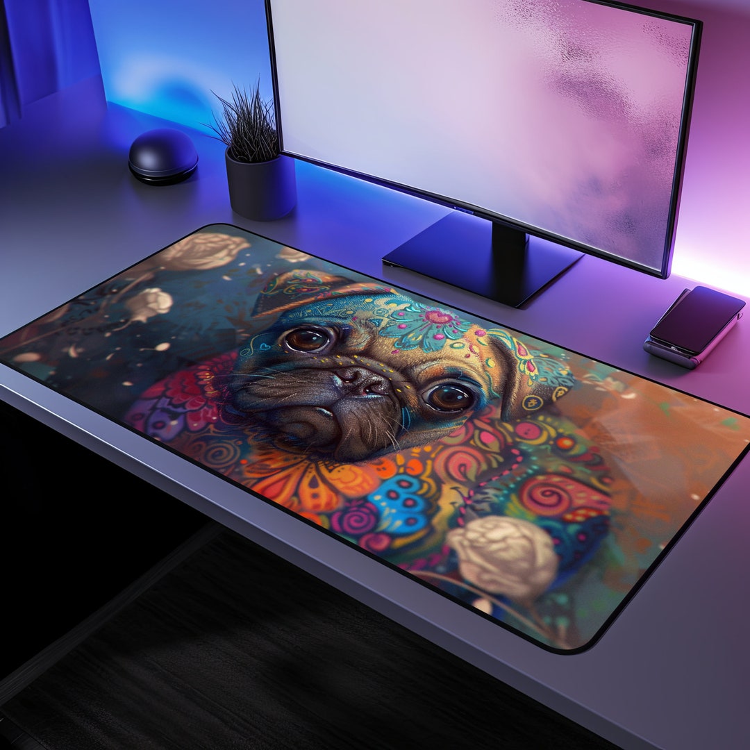 Pug Desk Mat, Puppy Dog Mousepad, Gaming Accessory, Large Desk Pad ...
