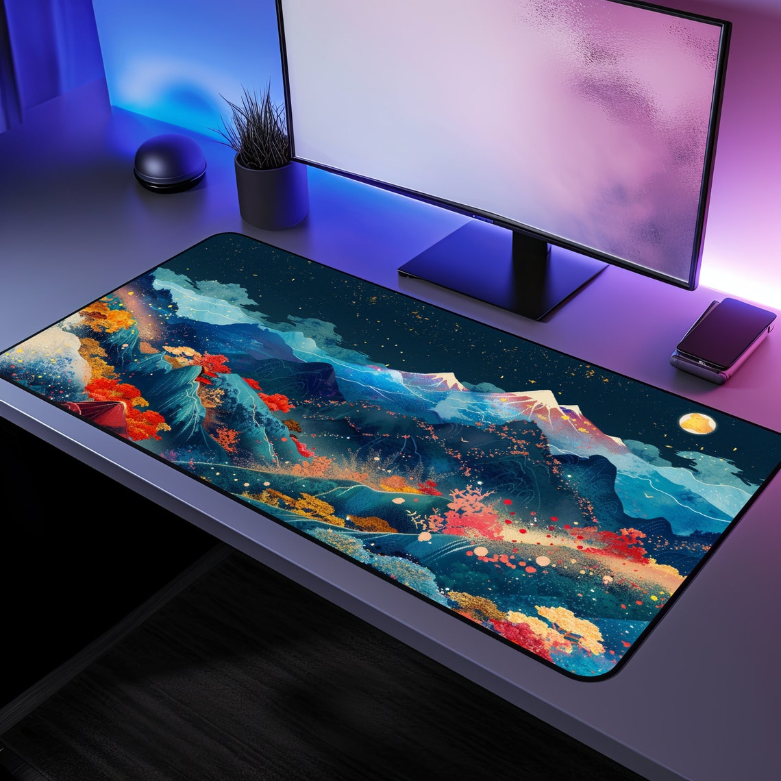Midnight Mountain Desk Mat - Sakura Blossom Gaming Pad, Night Sky ...