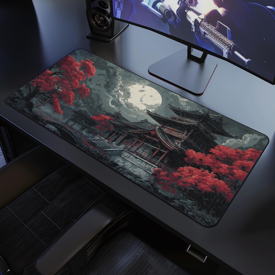 Fantasy Japanese Full Moon Desk Mat | Celestial Cherry Blossom Mousepad ...