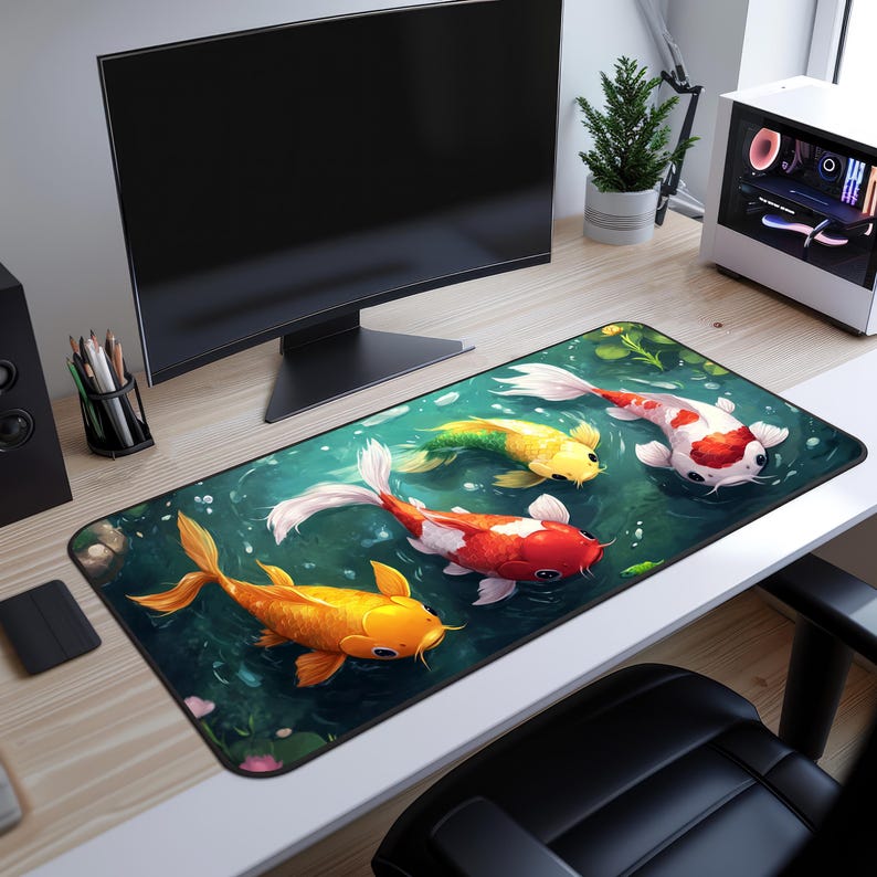 Koi Fish Desk Mat, Japanese Style Office Decor, Large Mouse Pad Gaming ...