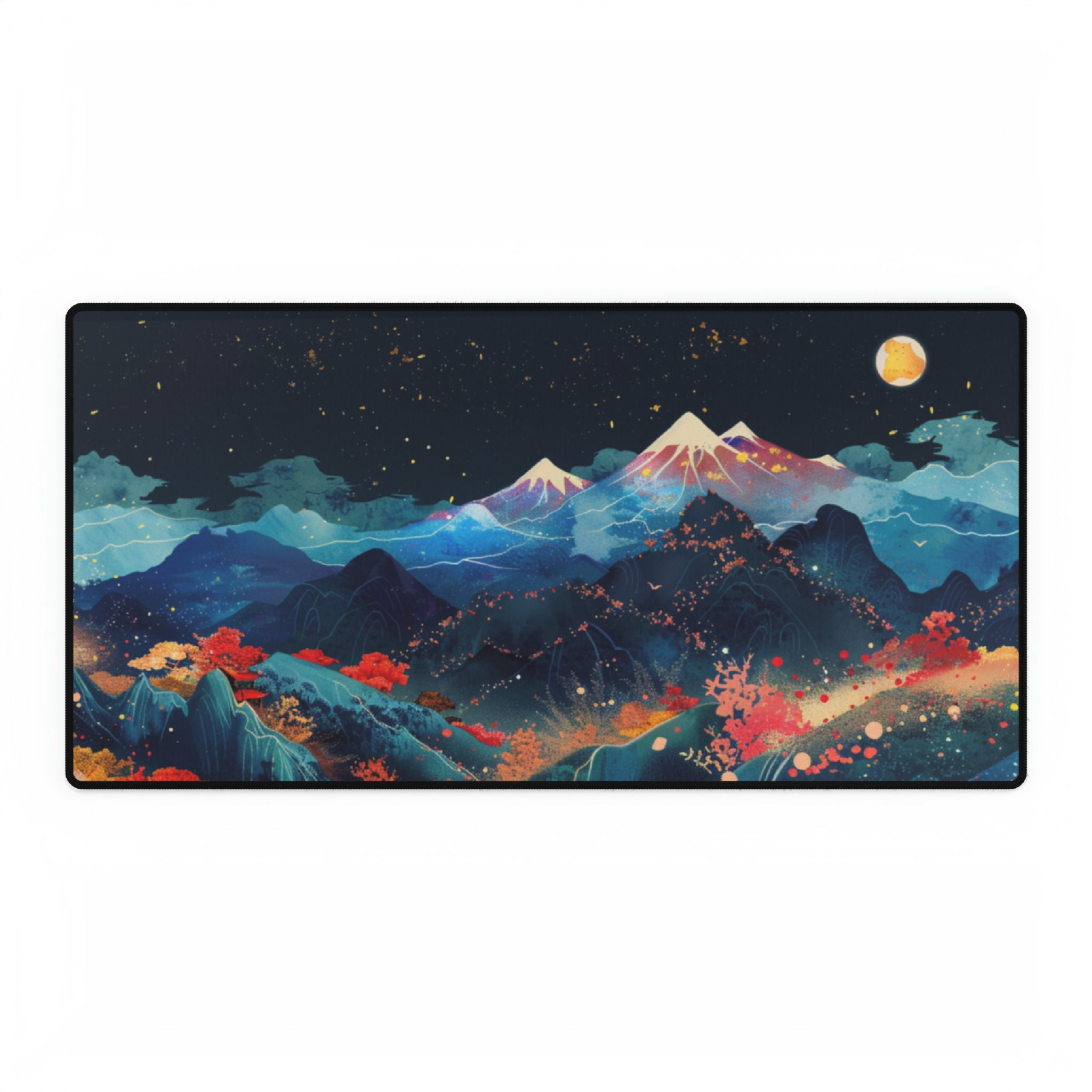 Midnight Mountain Desk Mat Sakura Blossom Gaming Pad, Night Sky ...