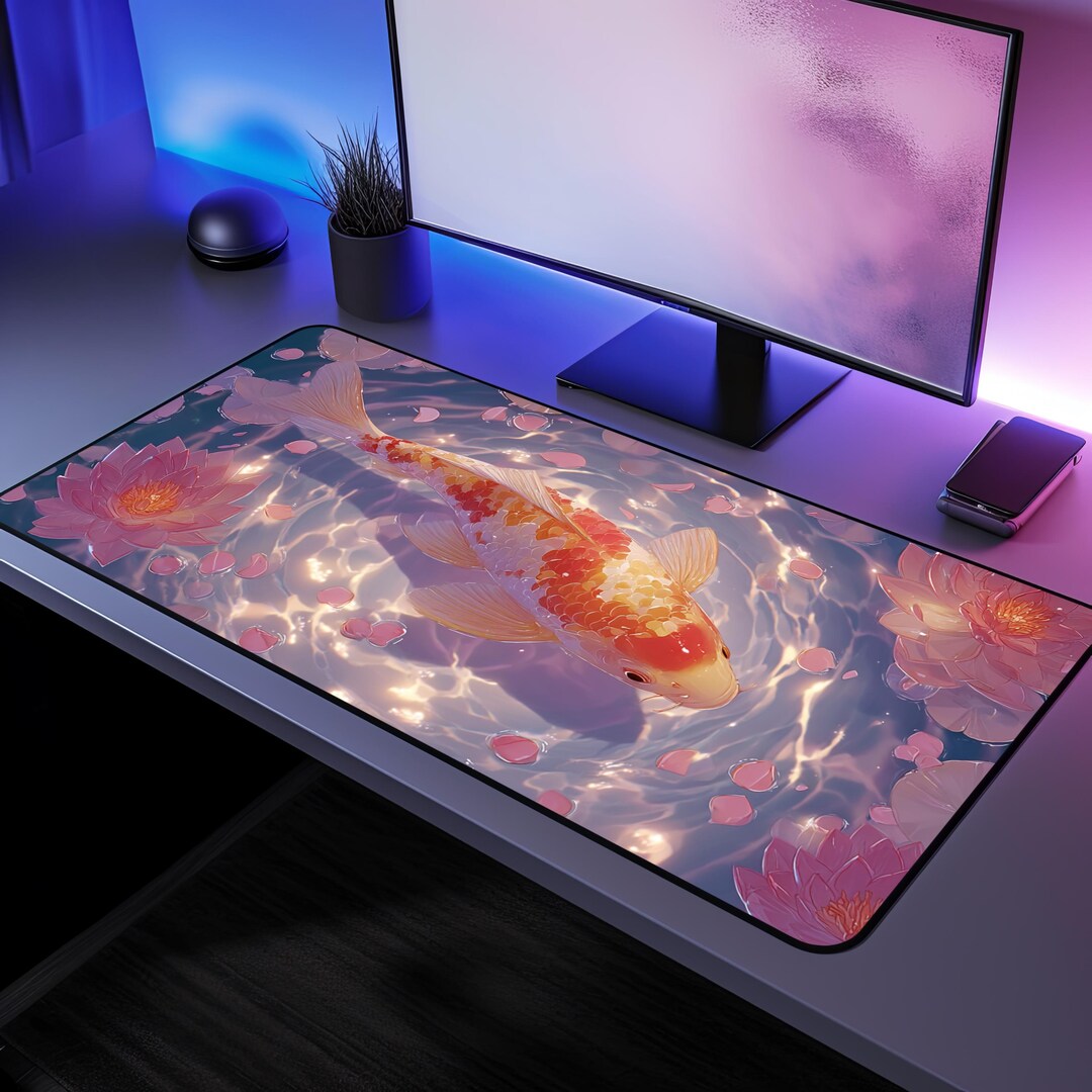 Elegant Koi Fish Desk Mat With Lotus Flowers, Office Decor, Gaming ...