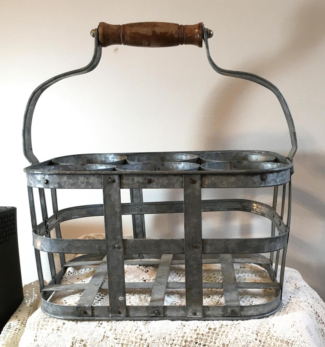Milk Bottle Container, Vintage Farmhouse Storage, Metal Wine Basket - Etsy