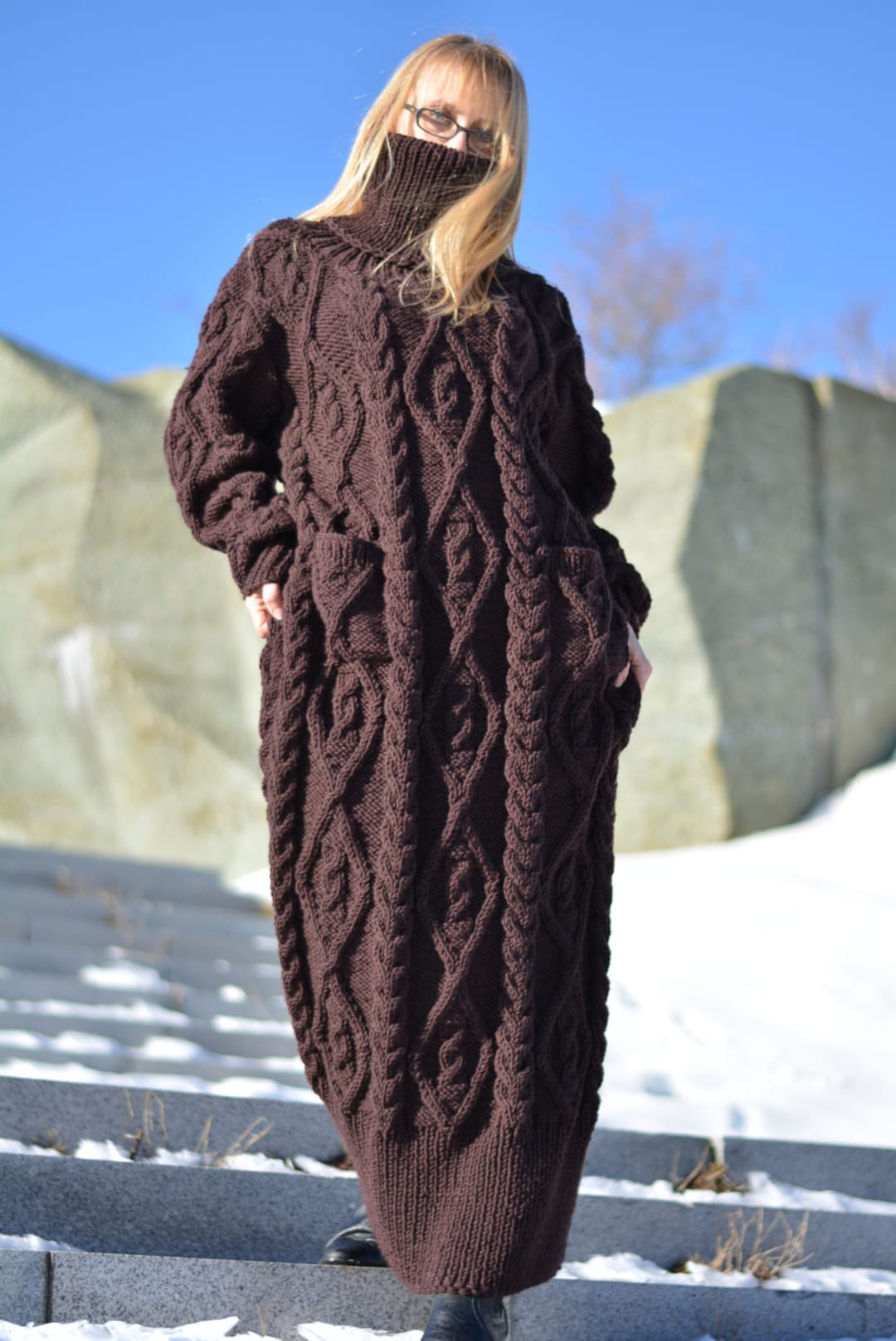 Handmade Wool Dress Hand Knitted Wool Sweater Dress Long Pullover Wool ...