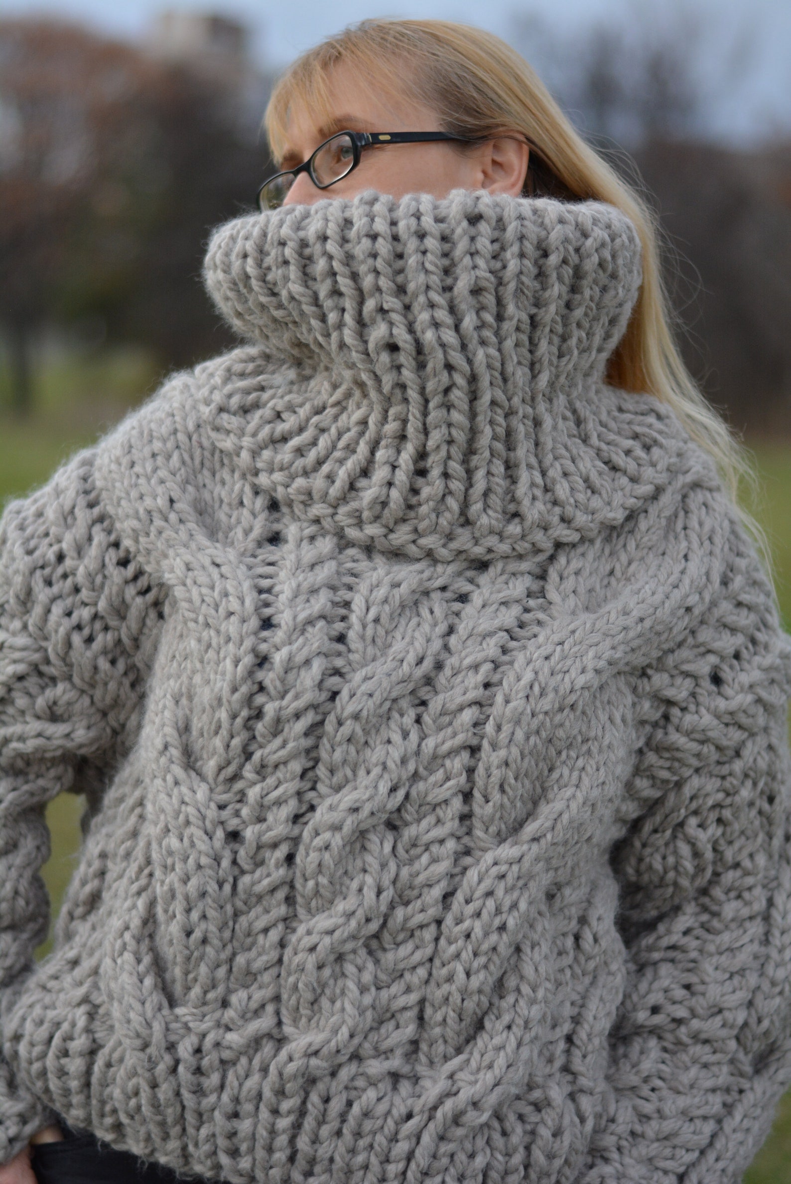 Knitted Cropped Sweater Chunky Wool Cabled Jumper Tneck - Etsy