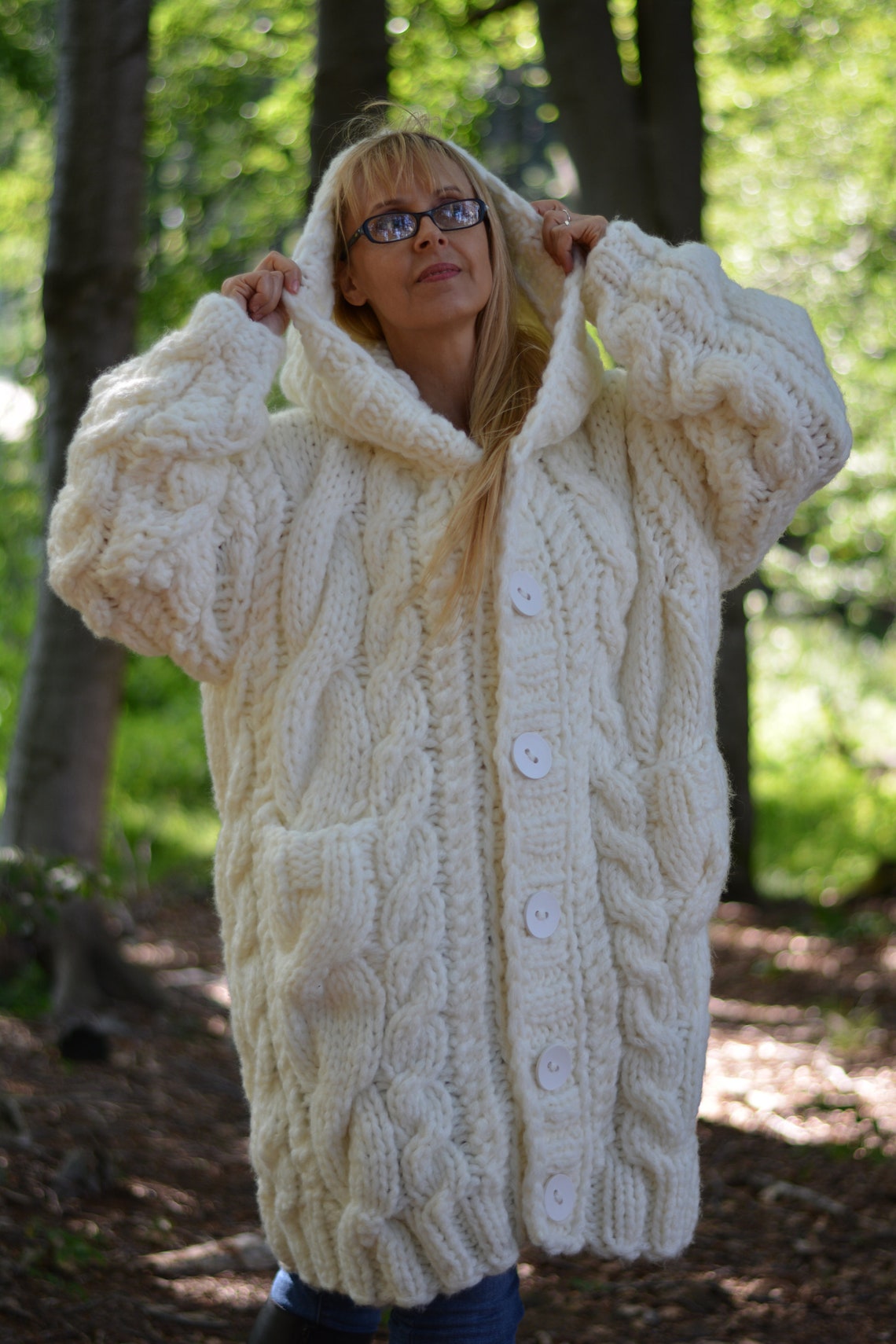 Chunky Wool Cardigan Hand Knitted Wool Jacket Hooded Cardigan - Etsy