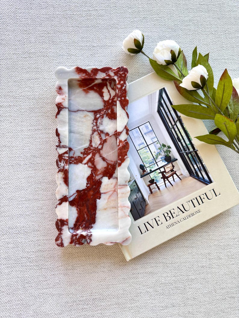 Breccia Coralina Rosa Marble Tray: Scalloped Coffee Table Tray ...