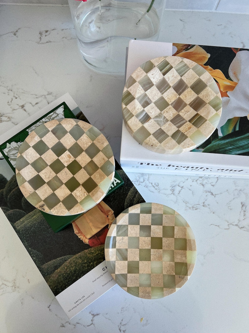 Checkered Marble Catchall ,travertine and Jade Onyx Round Vanity Tray ...