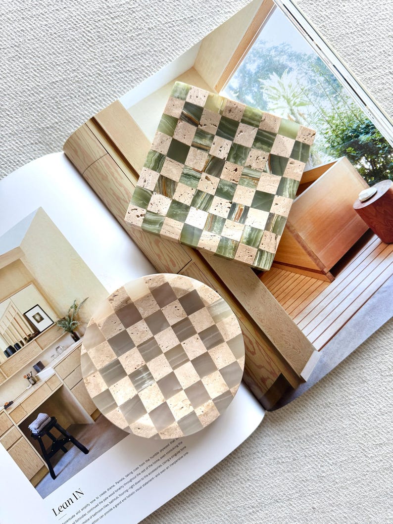 Checkered Marble Catchall ,travertine and Jade Onyx Round Vanity Tray ...