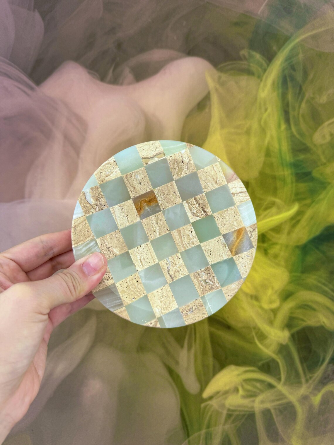 Checkered Marble Catchall ,travertine and Jade Onyx Round Vanity Tray ...