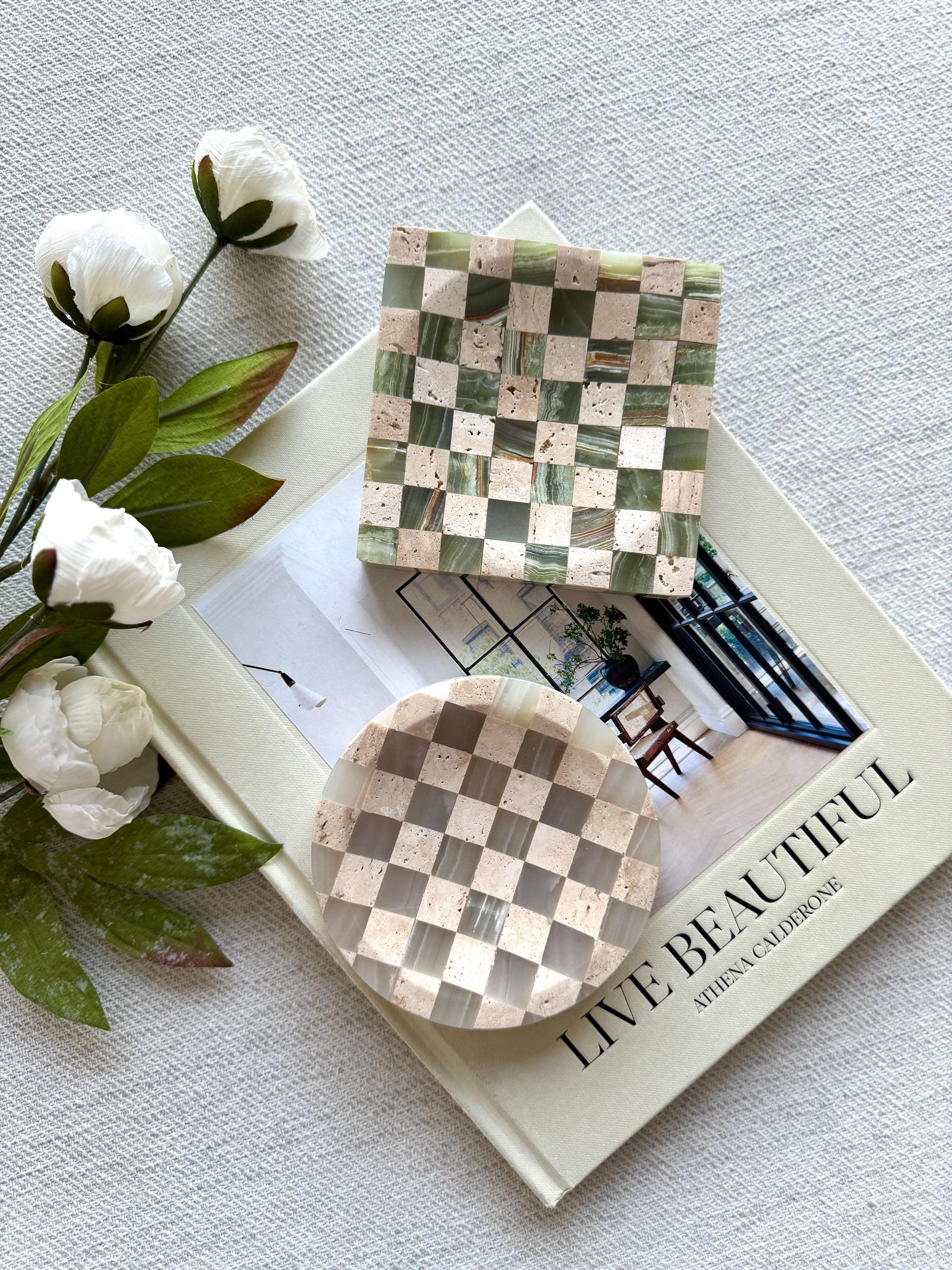 Checkered Marble Catchall ,travertine and Jade Onyx Round Vanity Tray ...