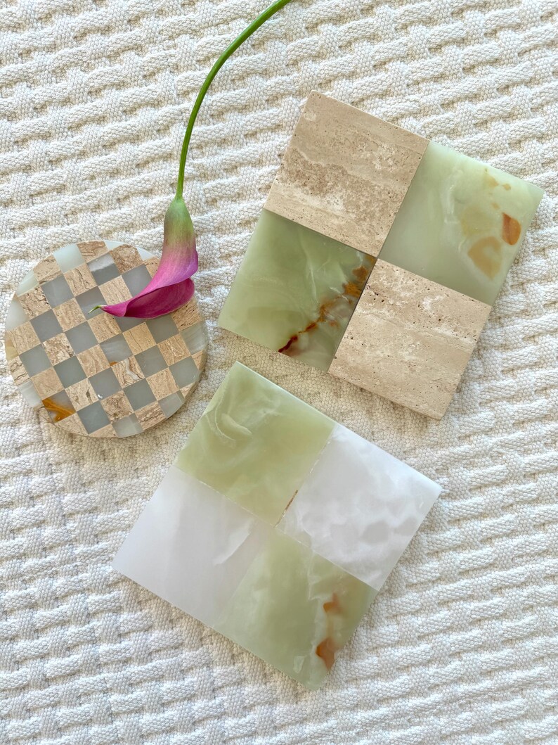 Checkered Marble Catchall ,travertine and Jade Onyx Round Vanity Tray ...