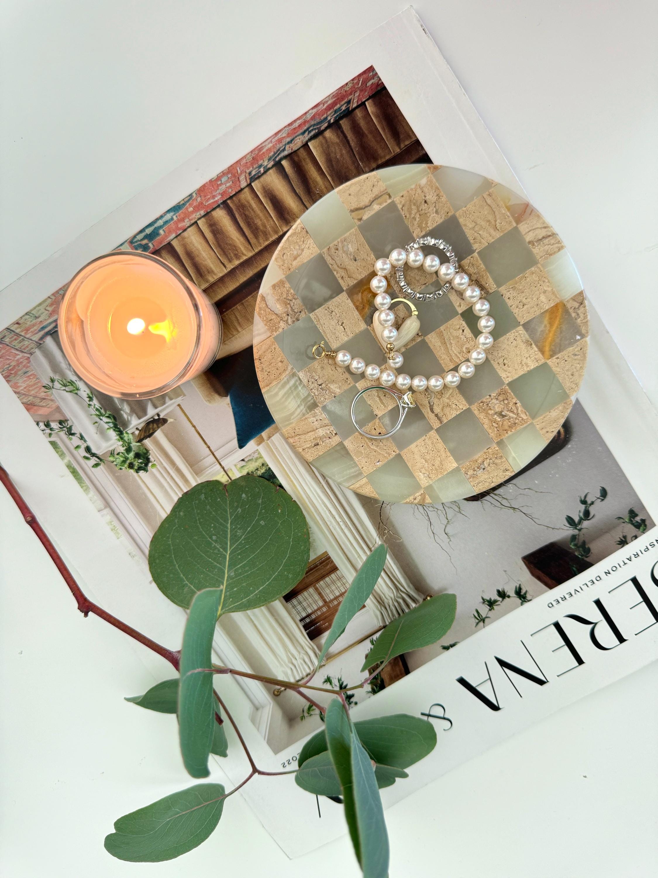 Checkered Marble Catchall ,travertine and Jade Onyx Round Vanity Tray ...