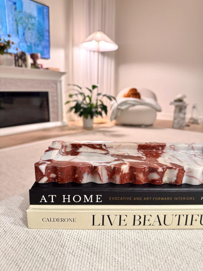 Breccia Coralina Rosa Marble Tray: Scalloped Coffee Table Tray ...