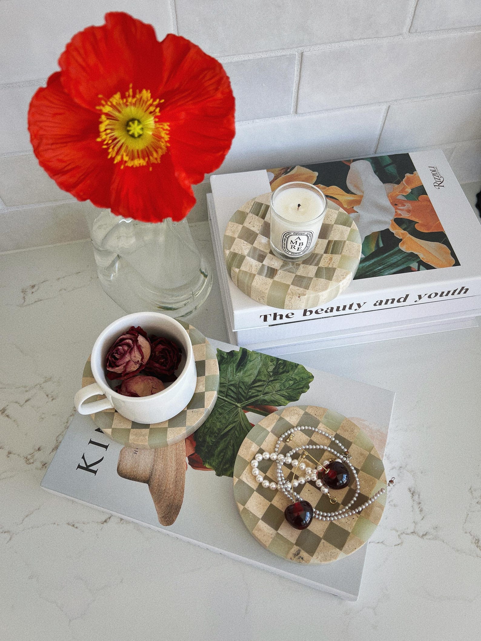Checkered Marble Catchall ,travertine and Jade Onyx Round Vanity Tray ...