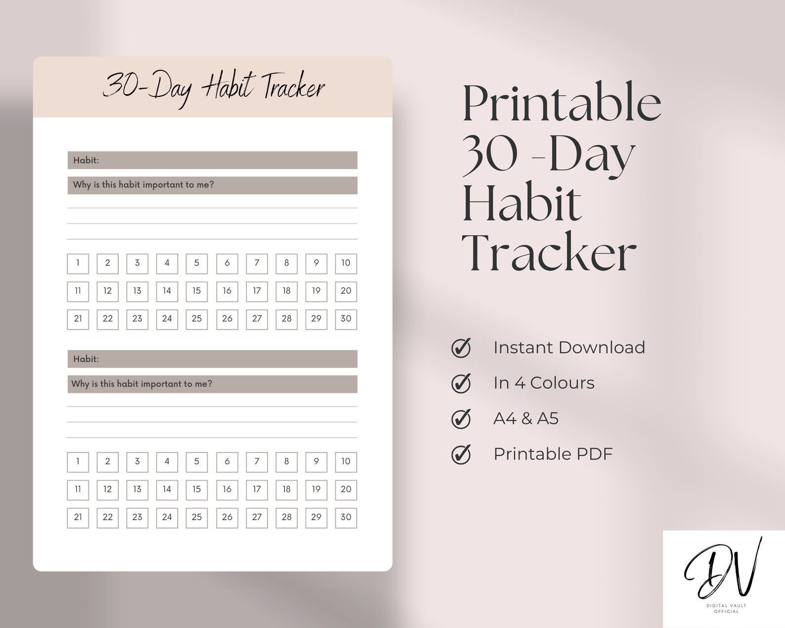 30-day Habit Tracker PDF Printable A4/A5 Digital Download Productivity ...