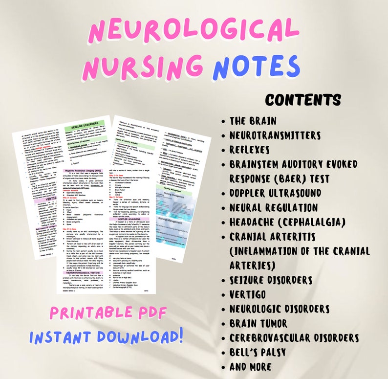 Neurological Nursing Notes Printable Summary of Medical Notes Nursing ...