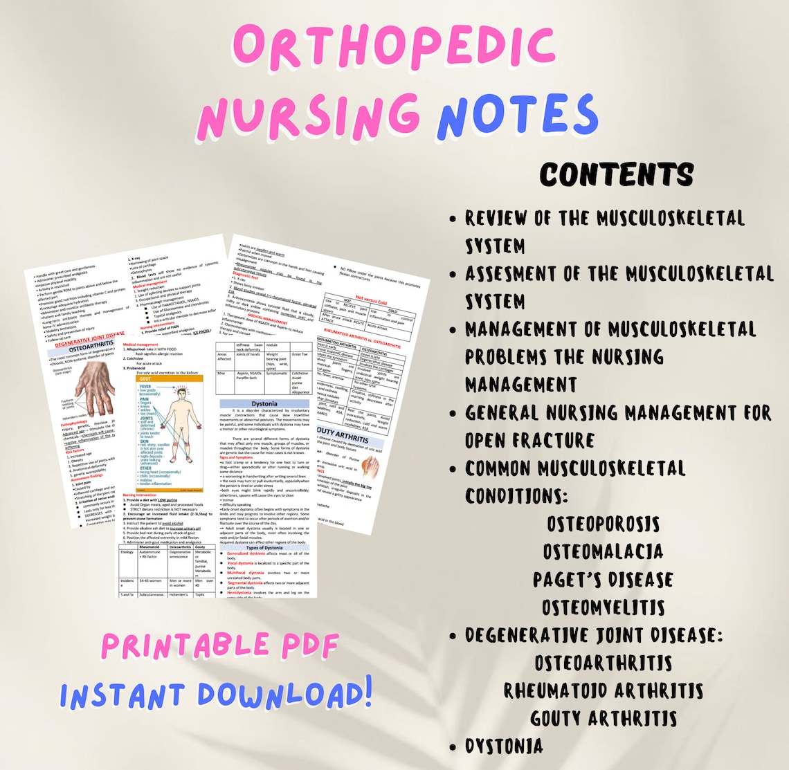 Orthopedic Nursing Notes Printable Summary of Medical Notes Nursing ...
