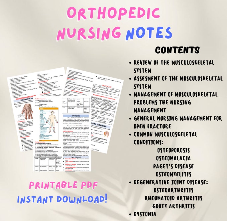Orthopedic Nursing Notes Printable Summary of Medical Notes Nursing ...