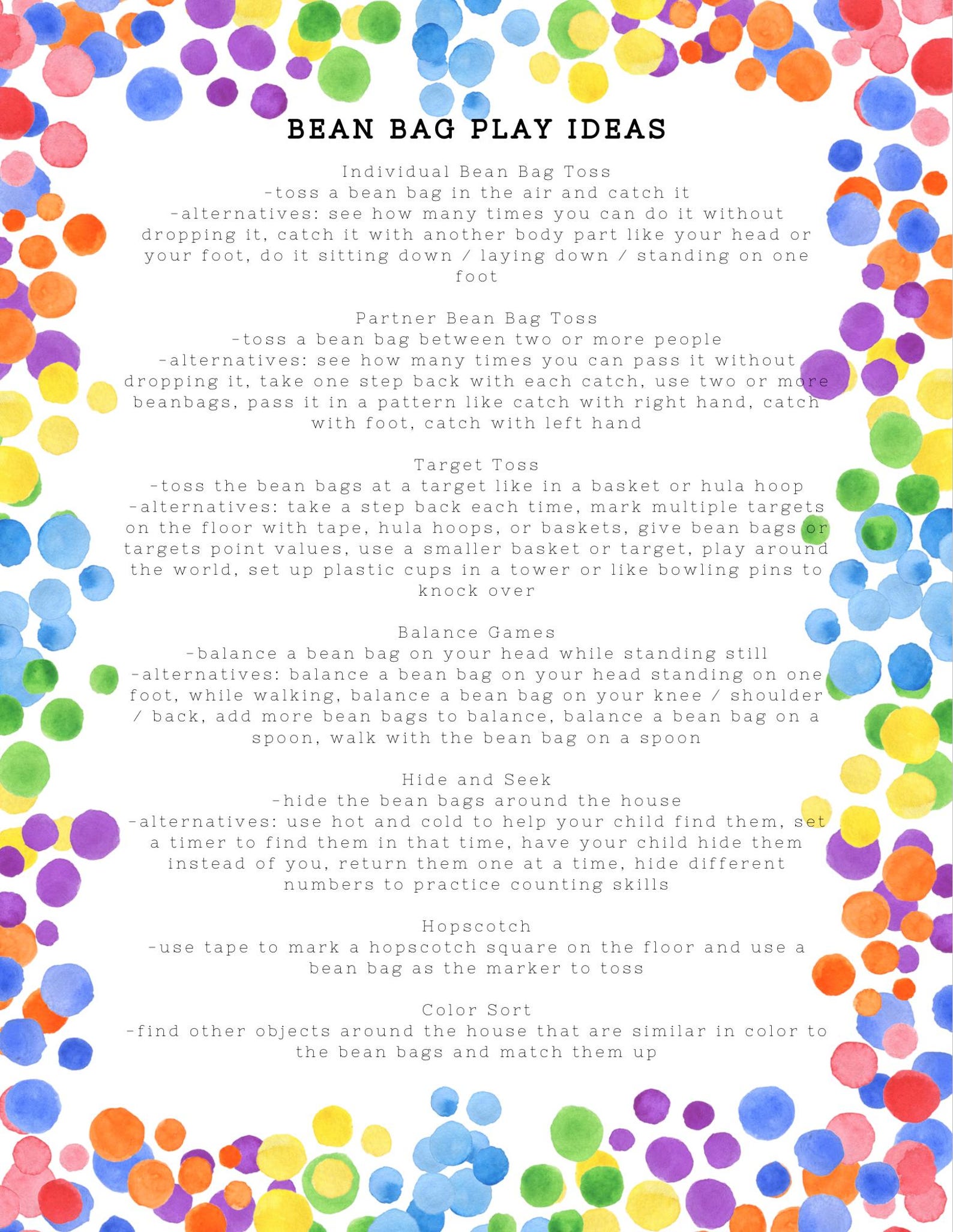 Bean Bag Play Ideas Printable - Etsy