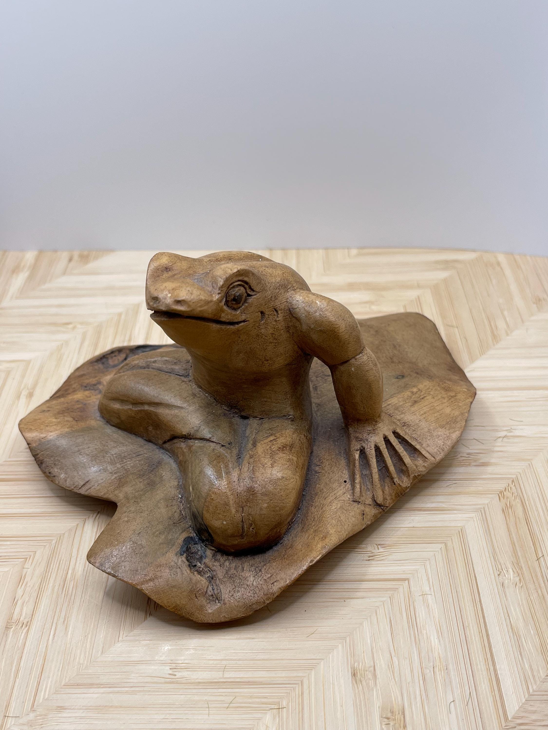 Hand Carved Wooden Frog Sculpture Natural Wood Figurine Rustic Folk Art ...