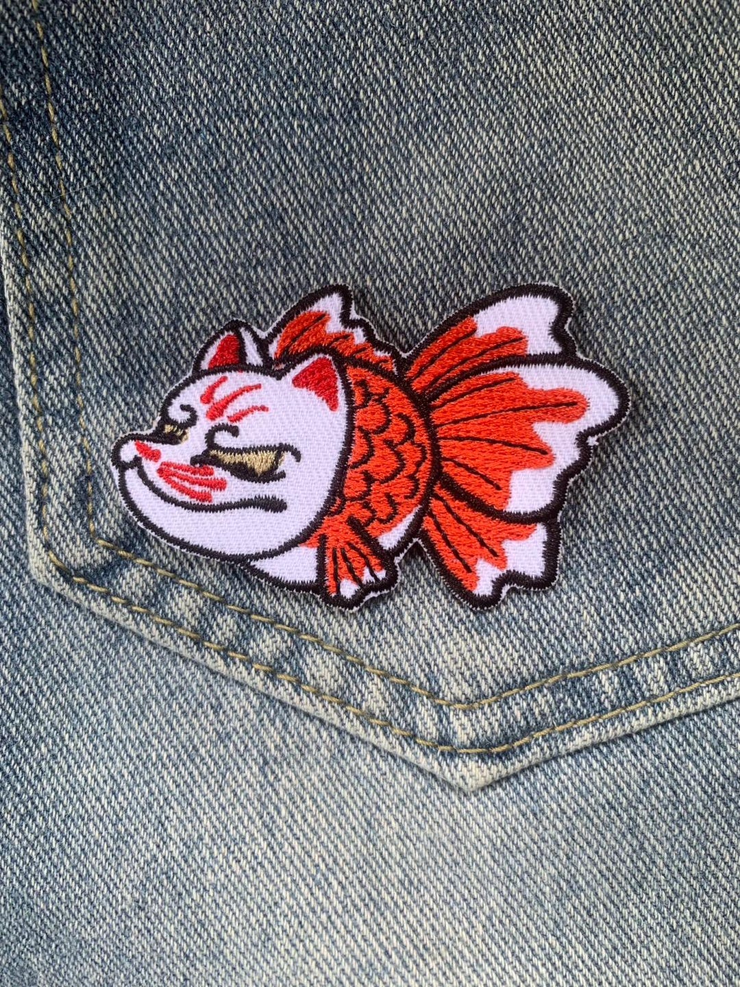 Japanese Goldfish Wearing Kitsune Mask Iron on Patch , Sew on ...