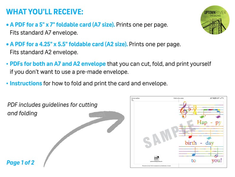 Happy Birthday Card, Music Notes, Instant Download PDF, 5"x7" (A7) and ...