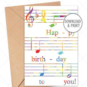 Happy Birthday Card, Music Notes, Instant Download PDF, 5"x7" (A7) and ...