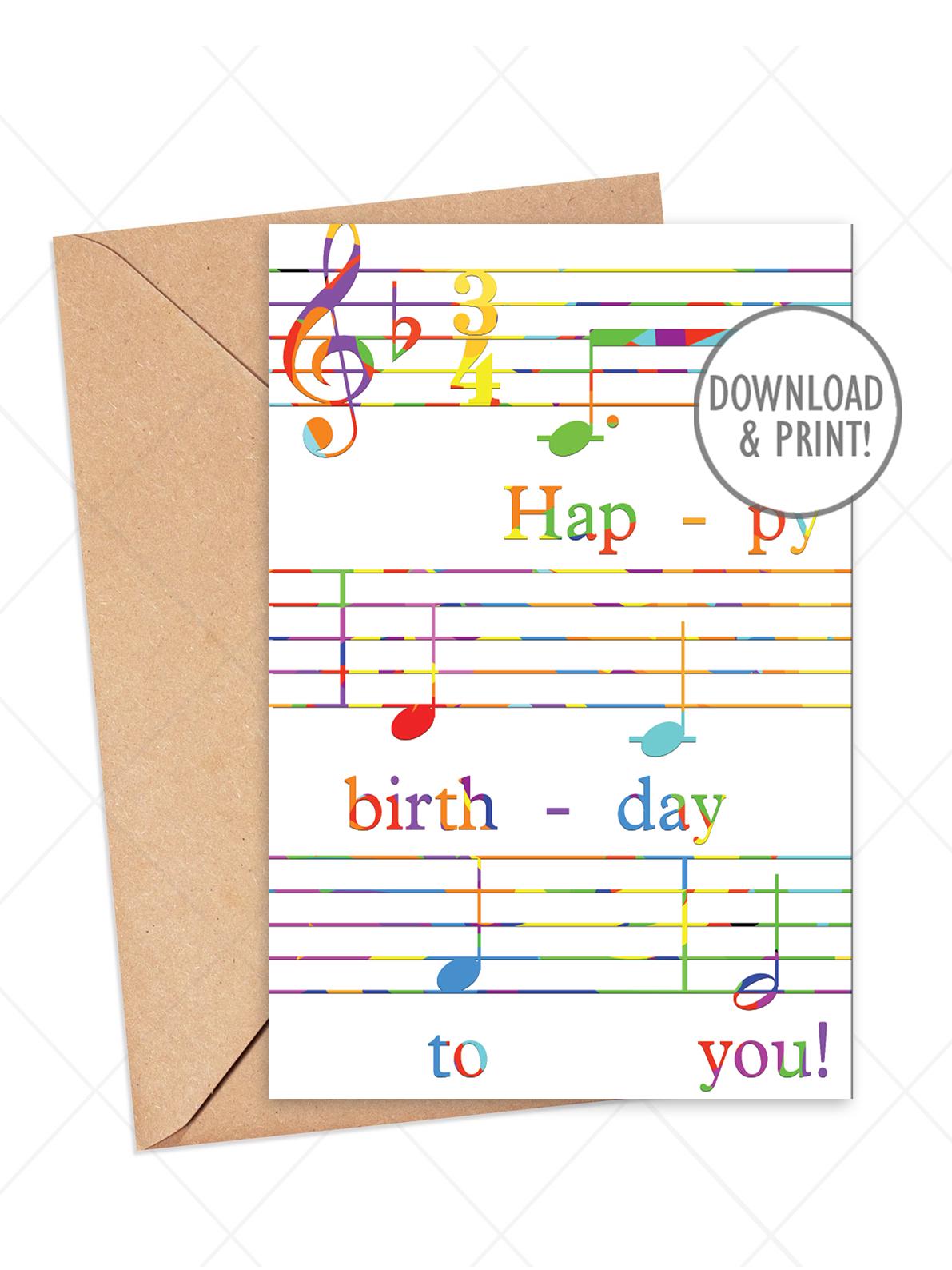 Happy Birthday Card, Music Notes, Instant Download PDF, 5"x7" (A7) and ...