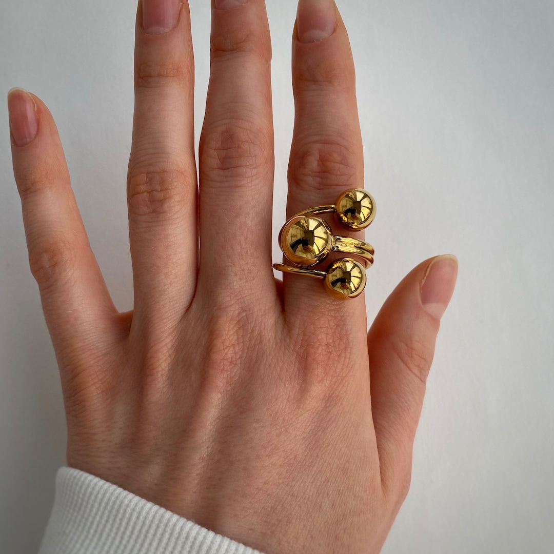 Triple Ball Ring, Golden Ball Ring, Statement Minimalist Jewelry, Large ...