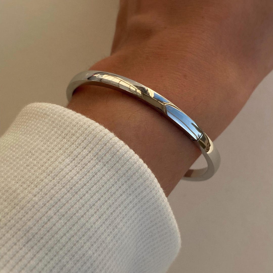 Silver Bangle Bracelet, Locking Bracelet, Thin Bangle for Women, Click ...