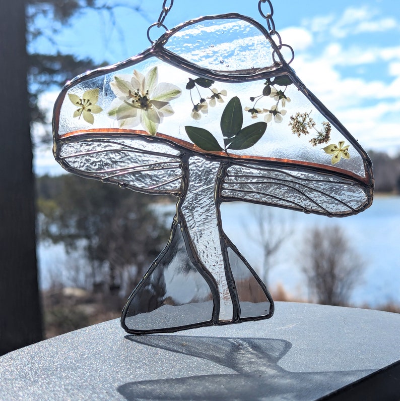 Stained Glass Window Art Real Shinny Glass Clear Mushroom With White ...