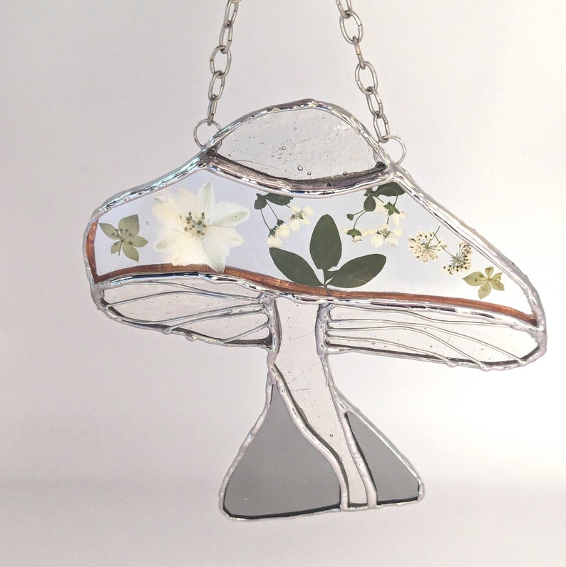 Stained Glass Window Art Real Shinny Glass Clear Mushroom With White ...