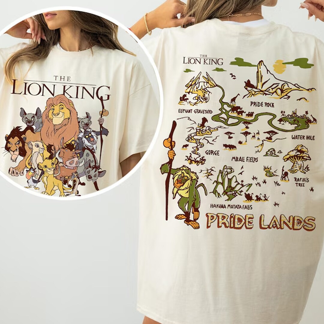 Two-sided Disney Lion King Rafiki Simba Pride Lands Map Shirt, Animal ...