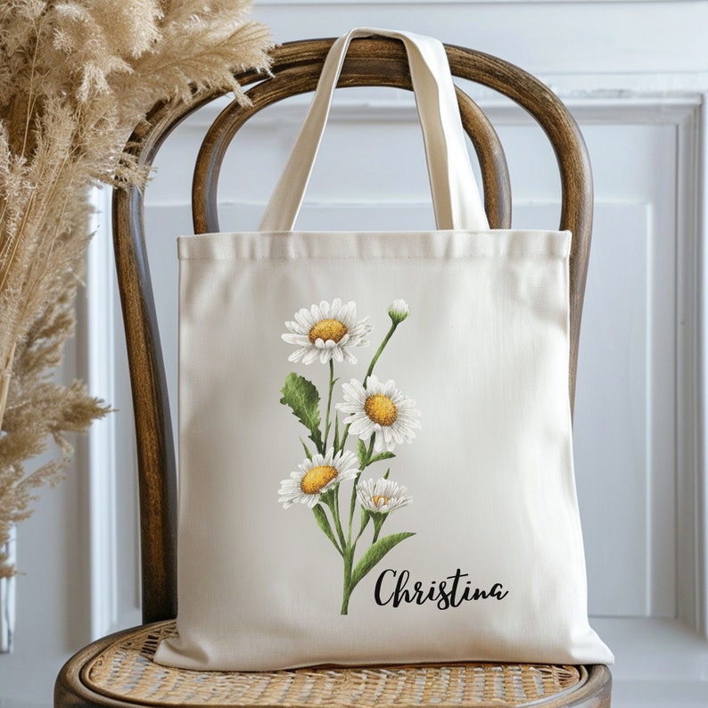 Daisy Floral Tote Bag: Personalized Cotton Canvas Shopping Bag, Birth ...