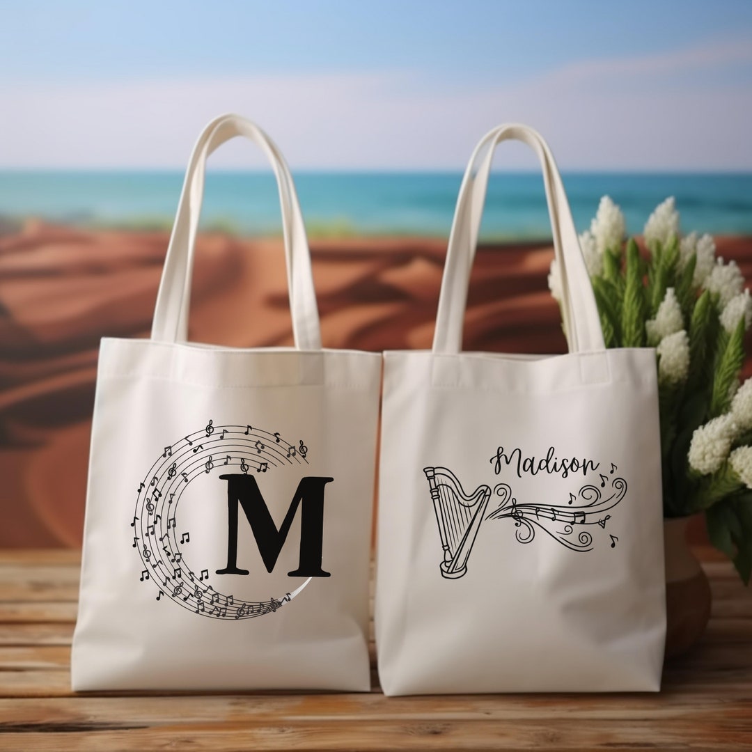 Personalized Harp Music Tote Bag: Custom Name Cotton Canvas - Etsy
