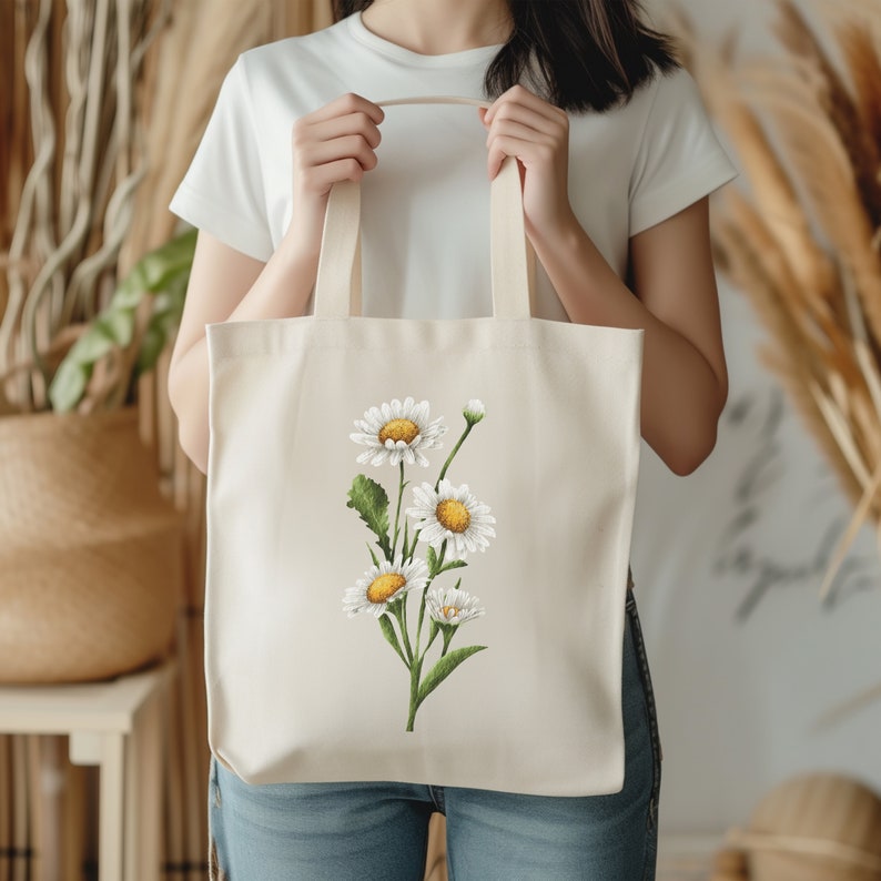 Daisy Floral Tote Bag: Personalized Cotton Canvas Shopping Bag, Birth ...