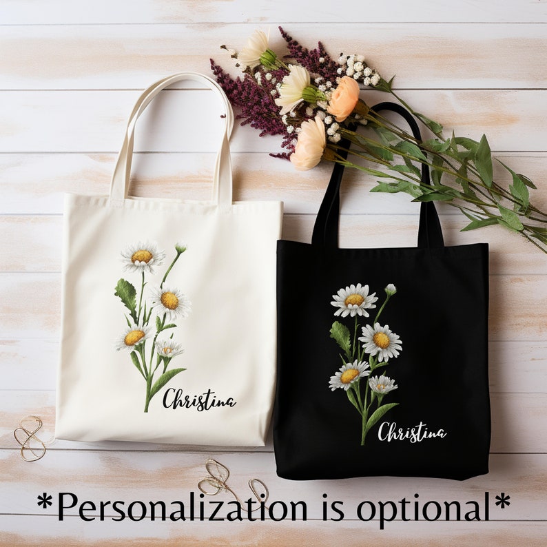 Daisy Floral Tote Bag: Personalized Cotton Canvas Shopping Bag, Birth ...