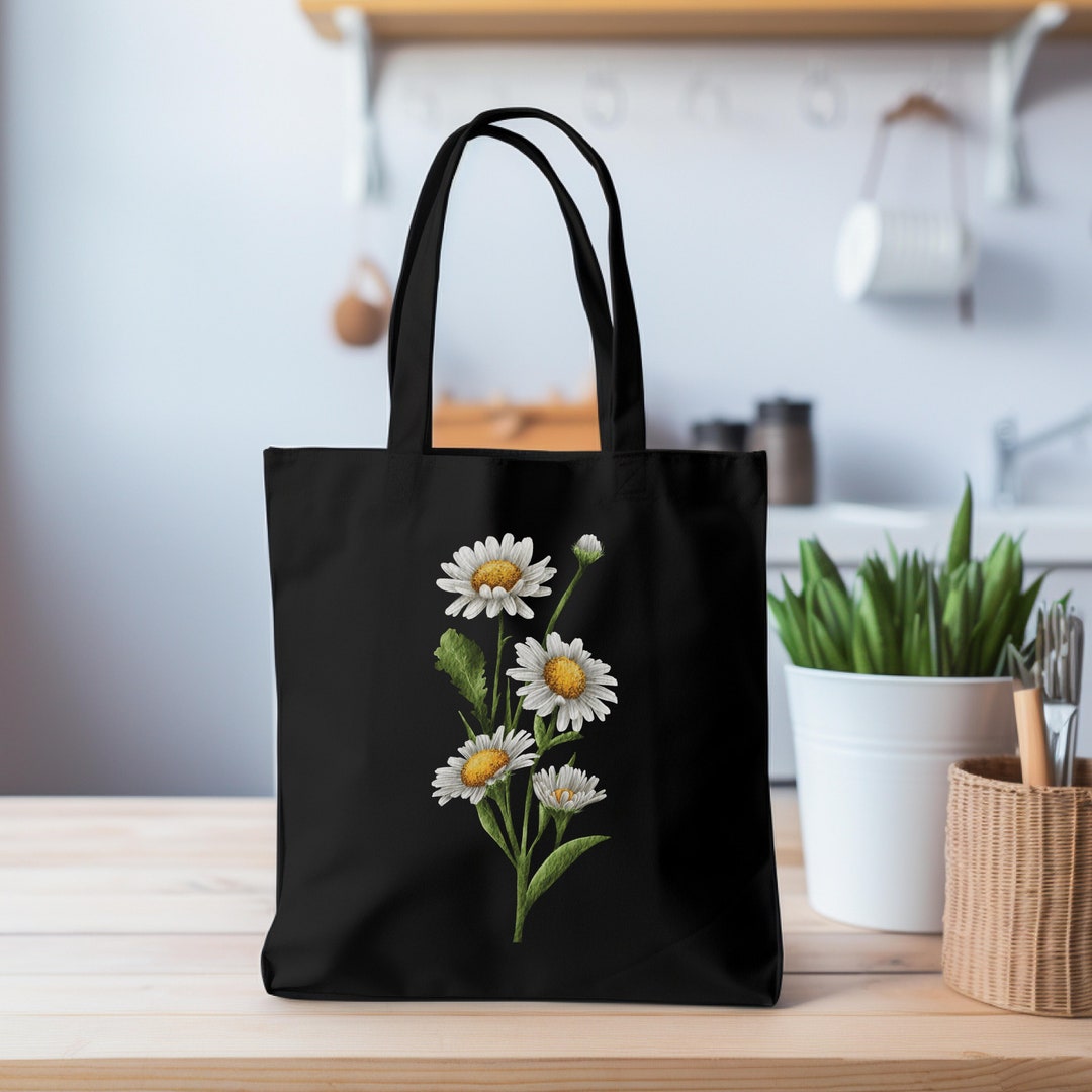 Daisy Floral Tote Bag: Personalized Cotton Canvas Shopping Bag, Birth ...