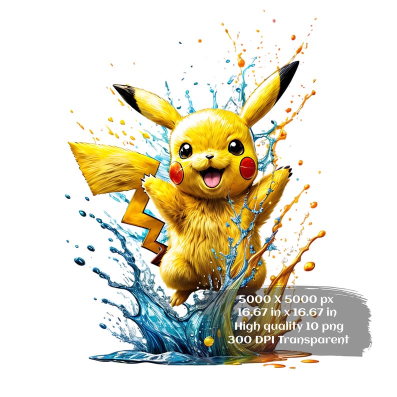 Pikachu Splash and Watercolor PNG Bundle 10 Designs for Sublimation ...