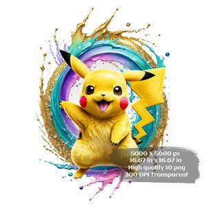 Pikachu Splash and Watercolor PNG Bundle 10 Designs for Sublimation ...