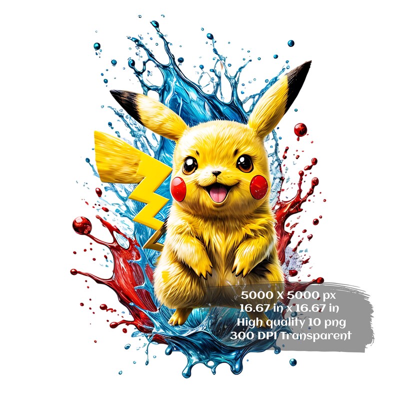 Pikachu Splash and Watercolor PNG Bundle 10 Designs for Sublimation ...