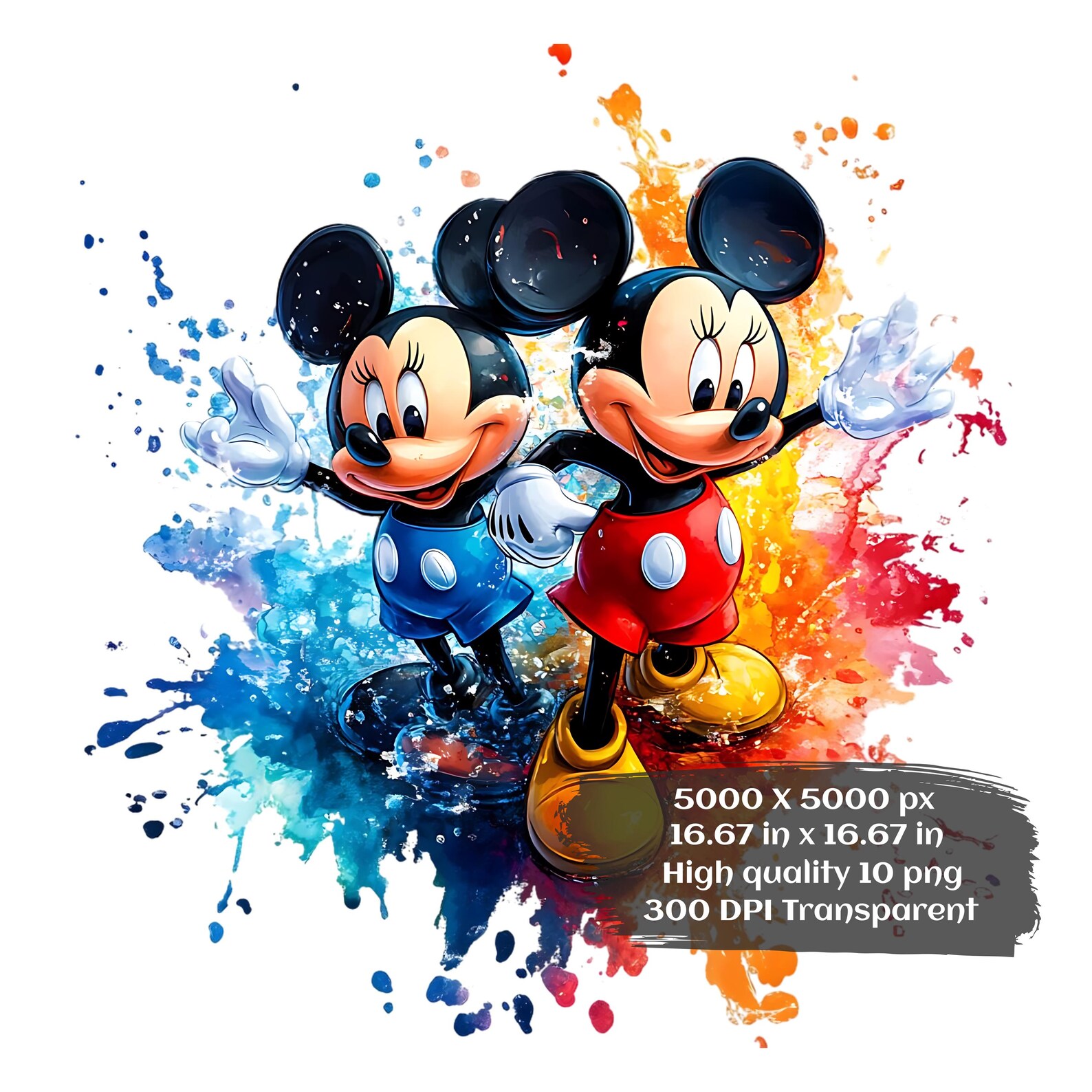 Mickey Mouse and Minnie, Splash and Watercolor PNG Bundle 10 Designs ...