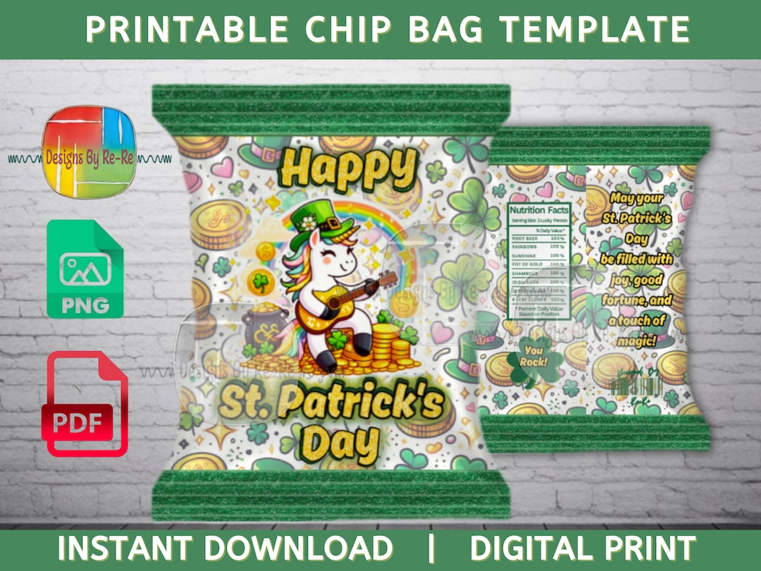 St Patrick's Day Chip Bag Template Unicorn Template, Digital File, St ...
