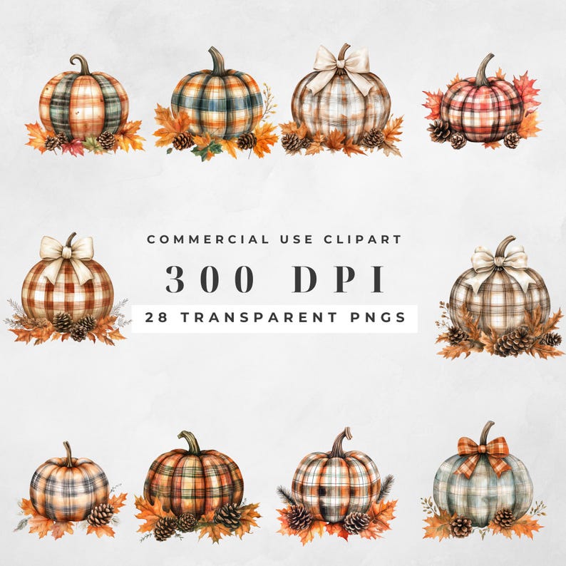 Plaid Pumpkin Clipart Pack Watercolor Fall Pumpkins Autumn Digital ...