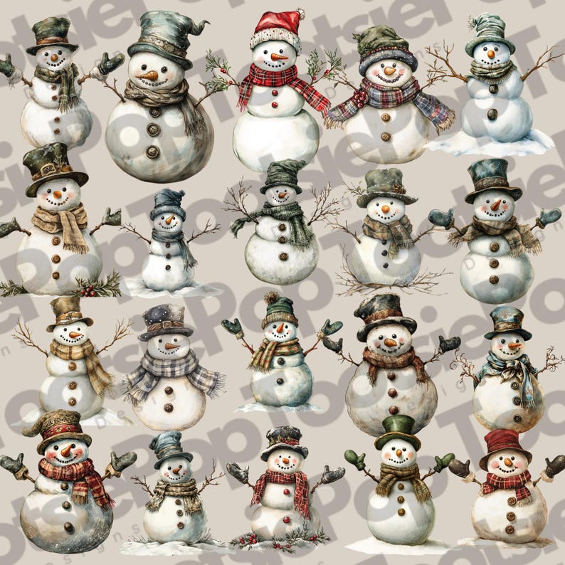 Vintage Snowman Clipart Pack Cute Watercolor Snowmen Graphics Winter ...