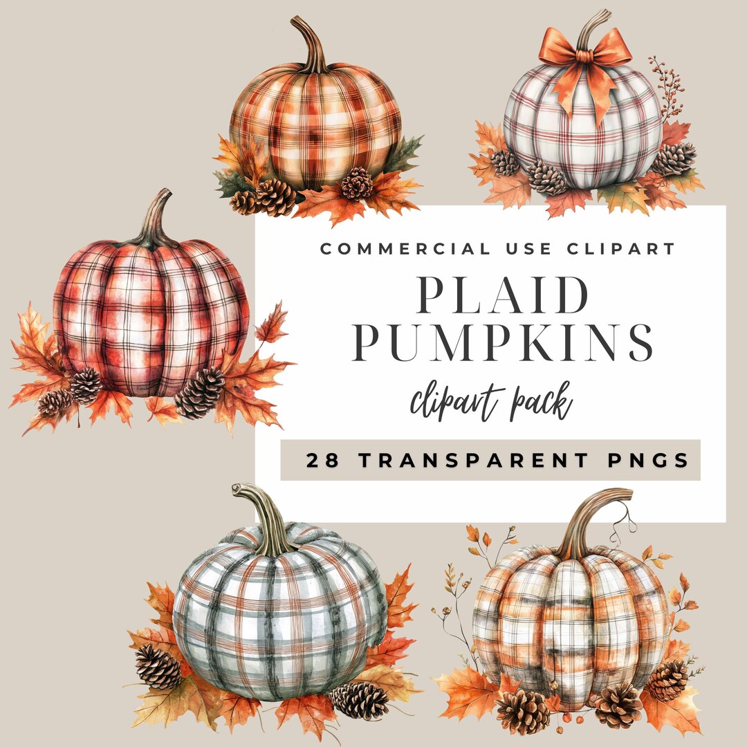 Plaid Pumpkin Clipart Pack Watercolor Fall Pumpkins Autumn Digital ...