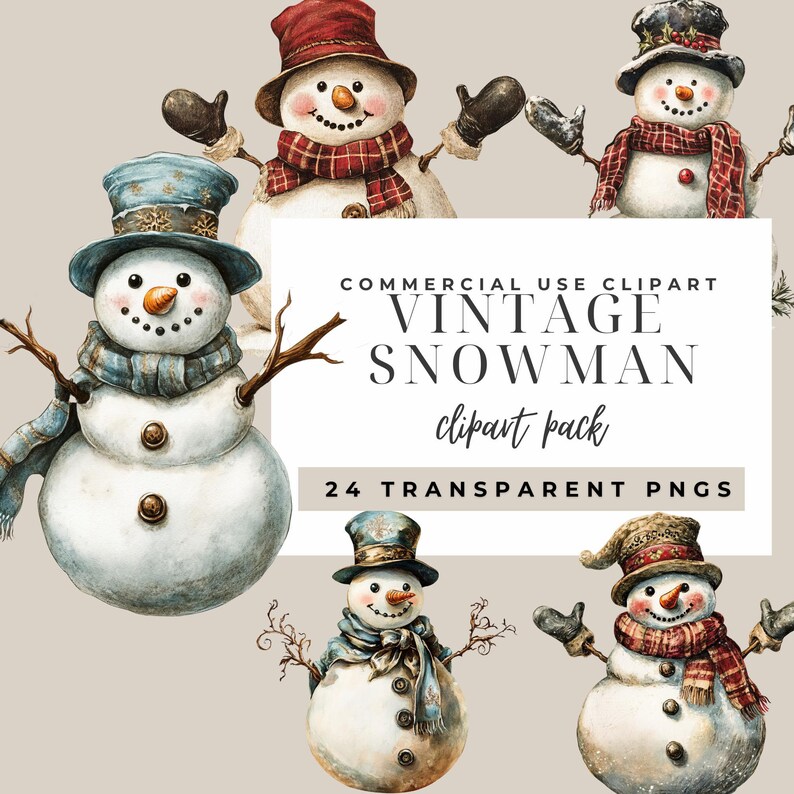 Vintage Snowman Watercolor Clipart, Winter Holiday Graphics (24 Pngs ...