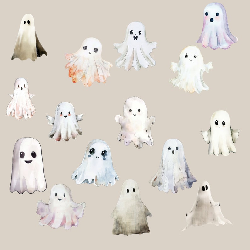 Halloween Ghost Clipart: Cute Watercolor PNG Graphics (digital Download ...
